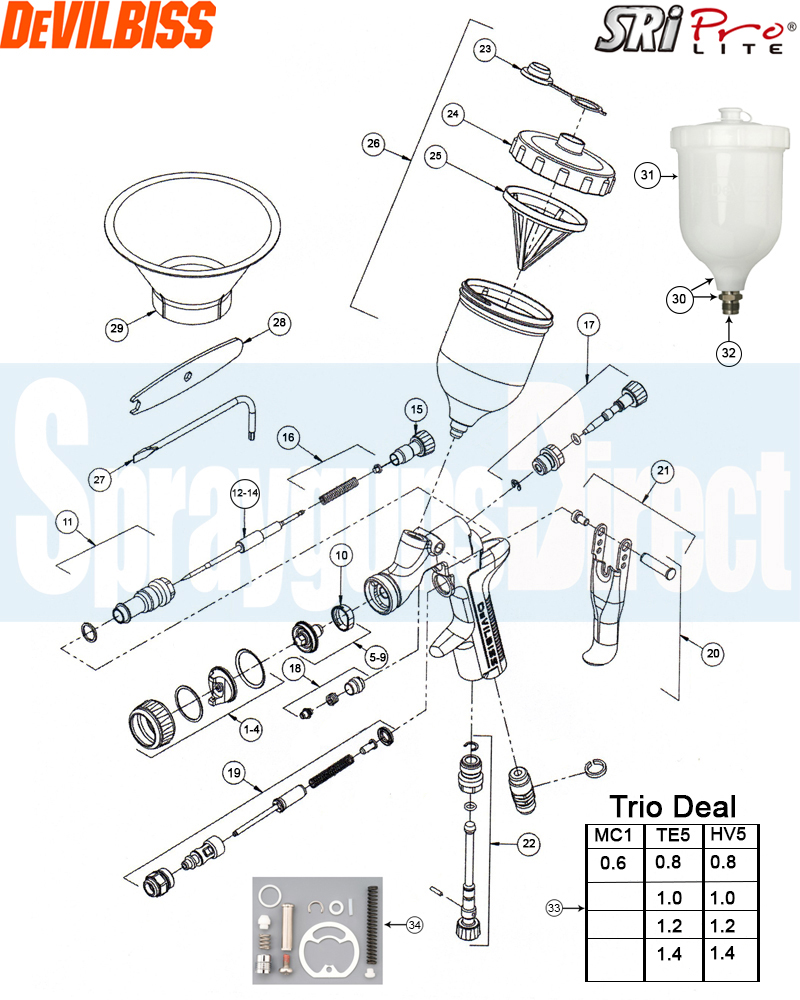 DeVilbiss SRI Pro Spot Repair Spray Gun Parts Breakdown