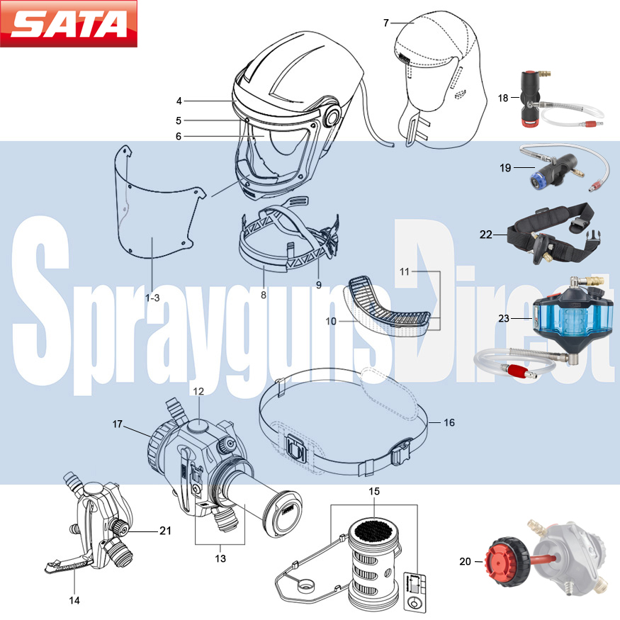 SATA Air Vision 5000 Air Fed Mask Parts Breakdown - spray guns direct