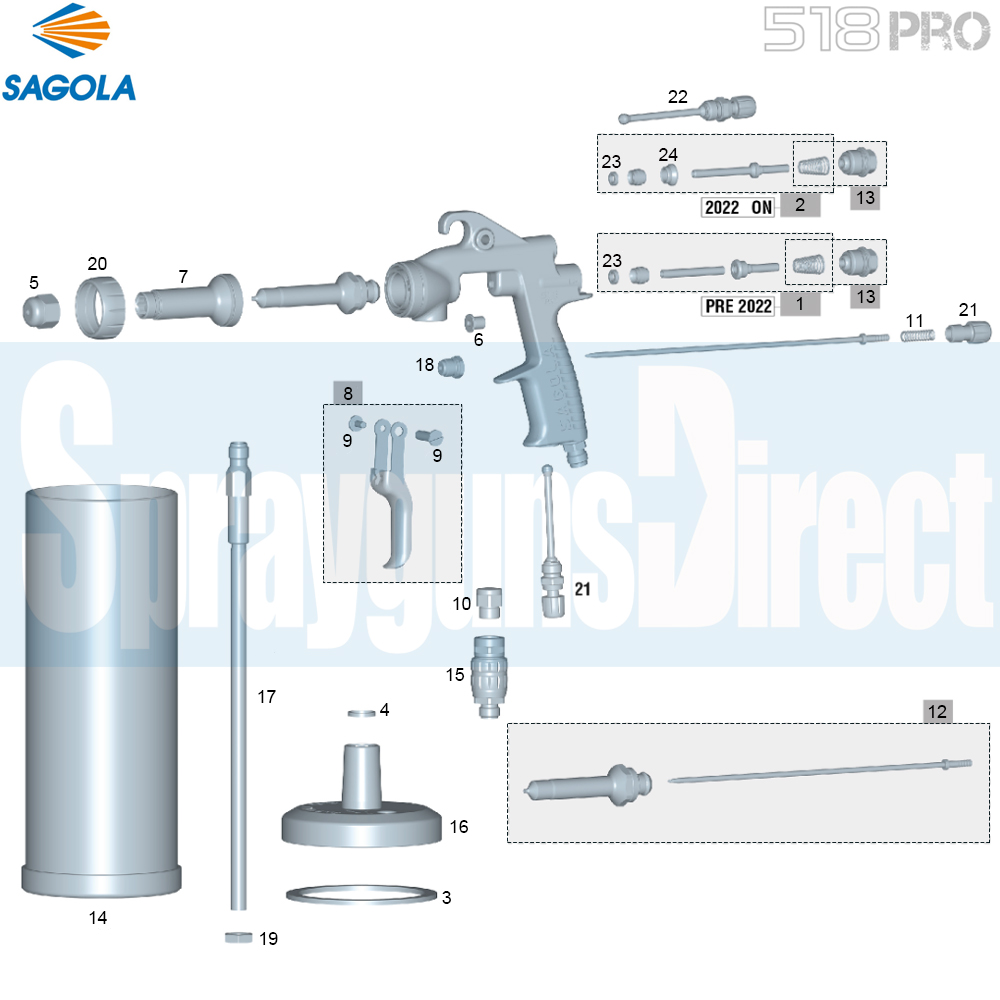 Sagola 518 Pro Pneumatic Gun Parts Breakdown - spray guns direct