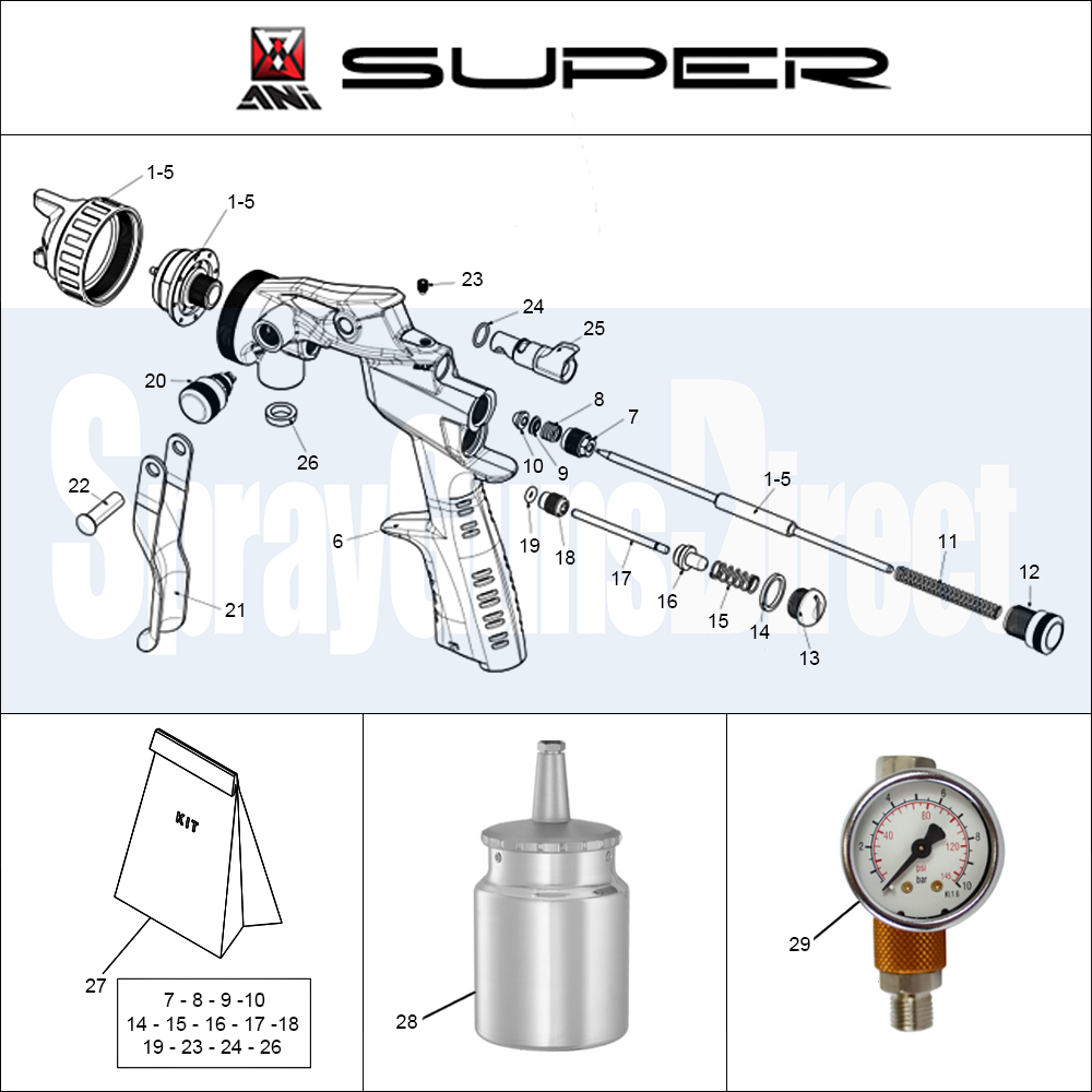 ANI F1/N Super Suction Spray Gun Parts Breakdown - spray guns direct