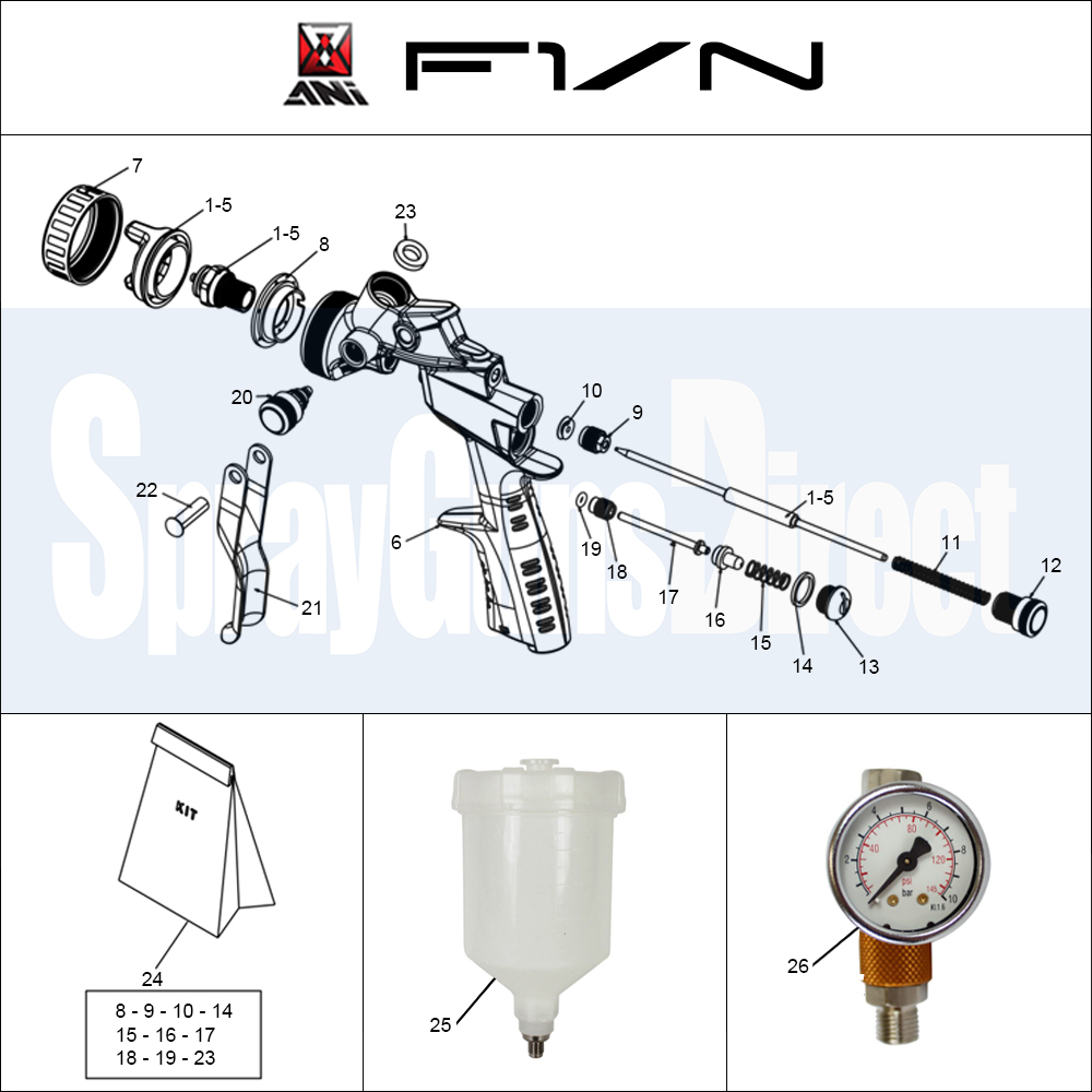 A.N.I. F1/NS Gravity Spray Gun Parts Breakdown - spray guns direct