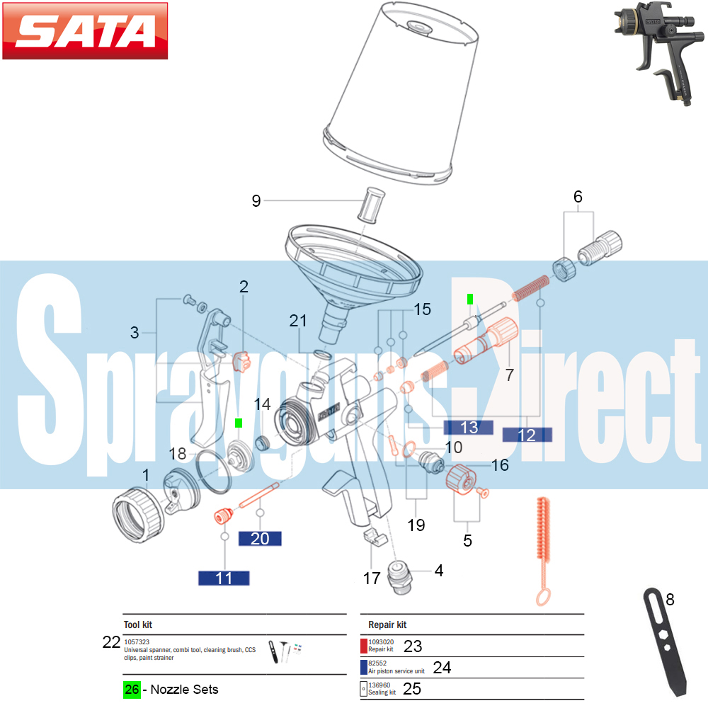 SATAjet X 5500 Phaser Spray Gun Parts Breakdown - spray guns direct